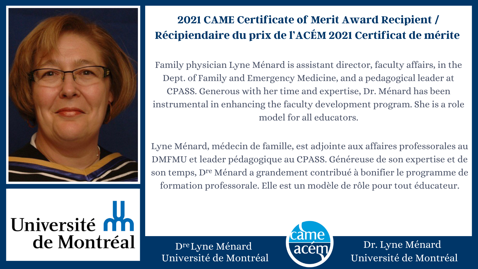 Félicitations à Dre Lyne Ménard, lauréate d'un Certificat de mérite de ...